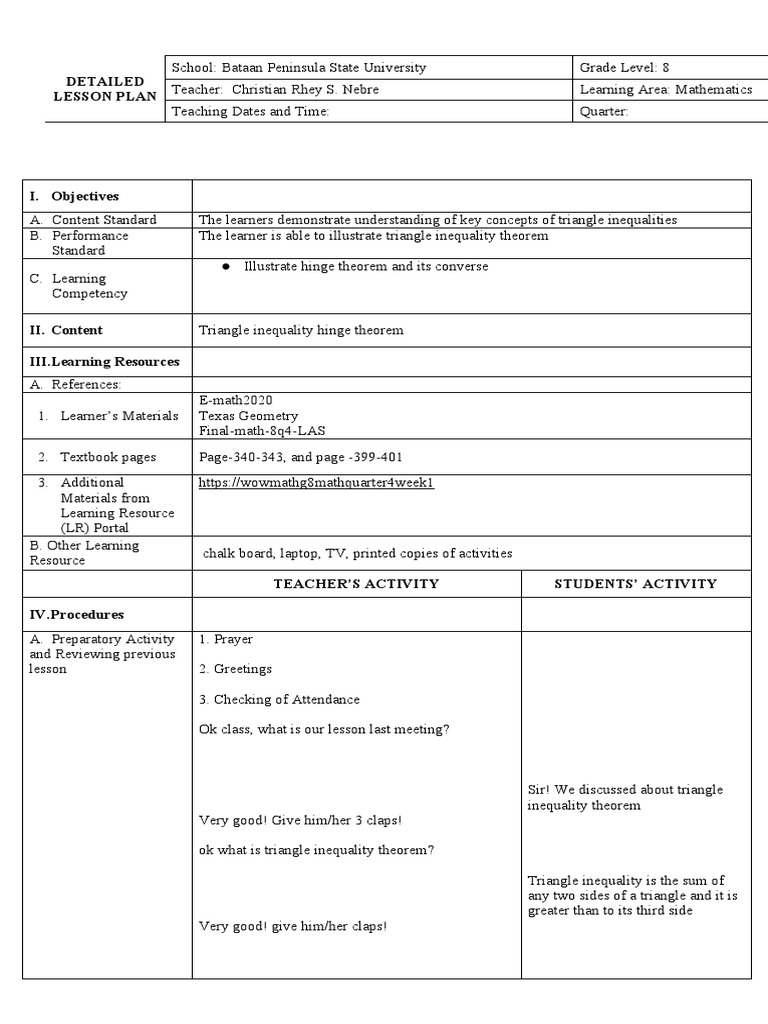 LEesson Plan Hinge Theorem Cot | PDF | Triangle | Theorem