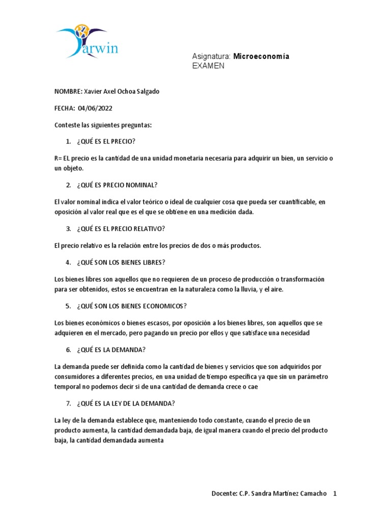 EXAMEN Microeconomia Xavier Axel Ochoa Salgado | PDF | Precios | Bienes