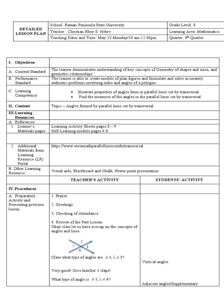 Share Lesson-plan-angles-form-by-parallel-lines-Q4 | PDF | Angle | Geometry