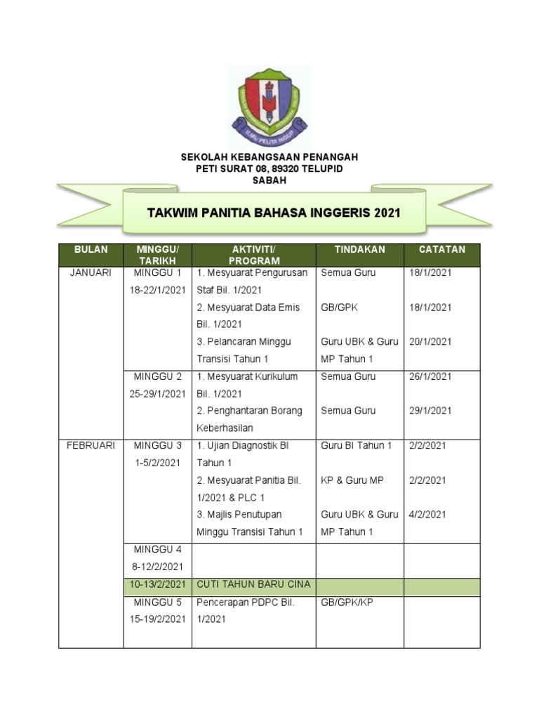 TAKWIM PANITIA BI 2021 | PDF