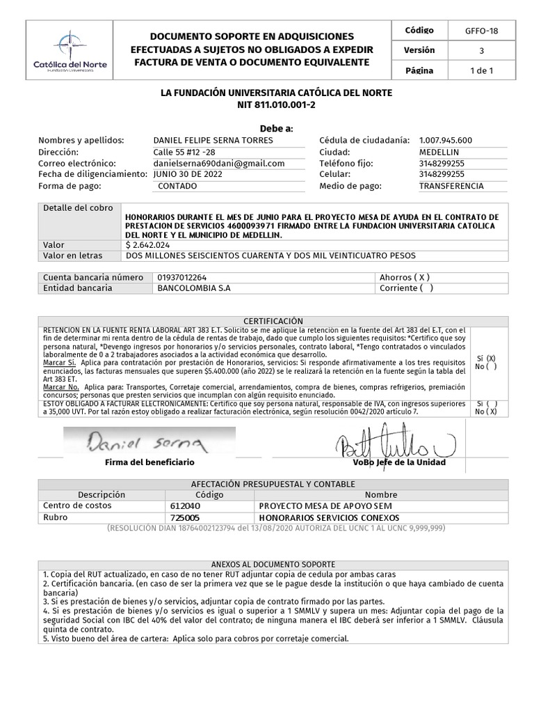 Documento Soporte en Adquisiciones Efectuadas A Sujetos No Obligados A Expedir Factura de Venta ...