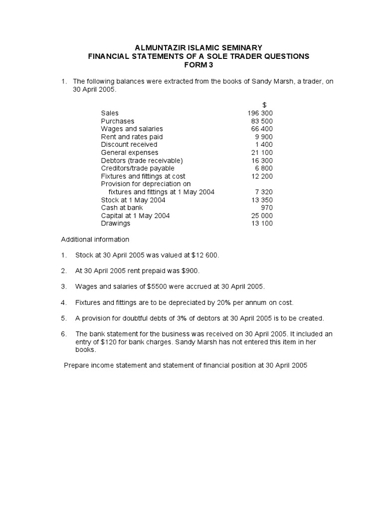 Financial Statements Questions-Sole Trader | PDF | Expense | Depreciation