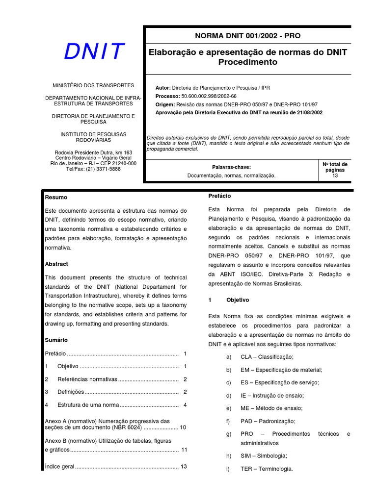 Norma DNIT 001/2002-PRO: Estrutura e padrões para elaboração e ...