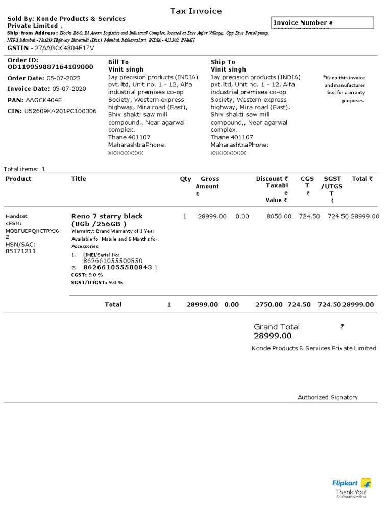 Reno 7 8GB 256Gb Invoice Flipkart Bill | PDF
