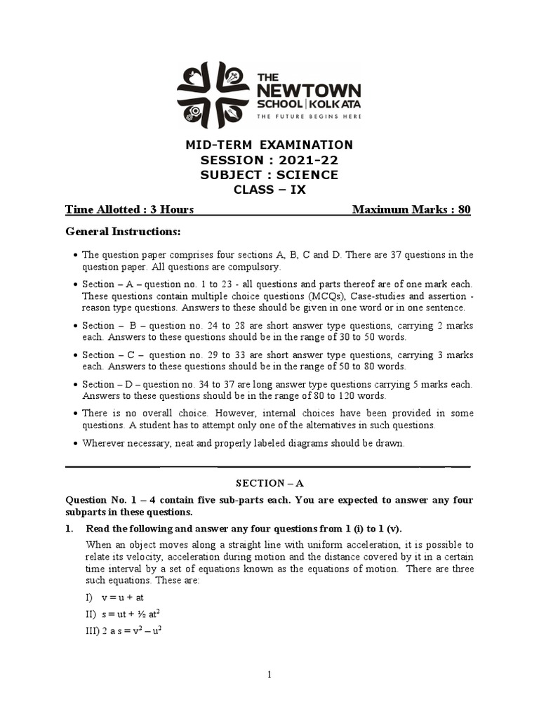 Mid-Term - Science - IX - 2022-23 (Sample) | PDF | Tissue (Biology) | Mixture