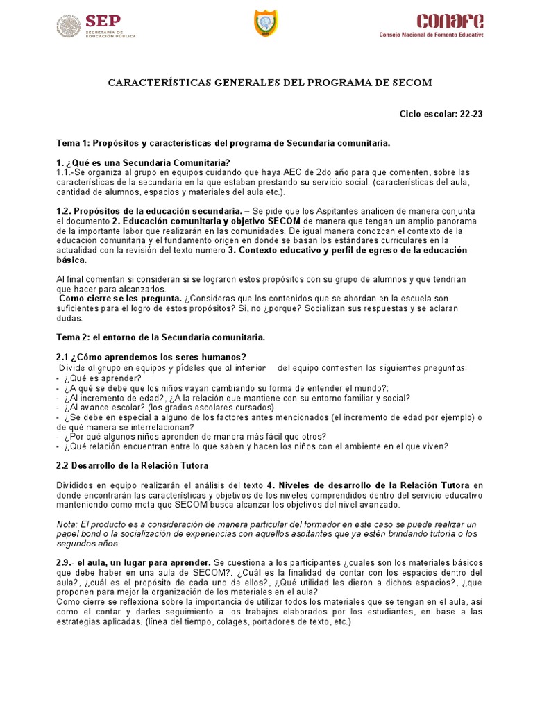 Características Generales Del Programa de Secom | PDF | Salón de clases | Cognición