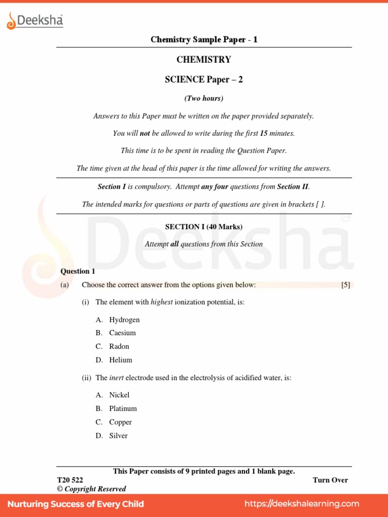 ICSE Class 10 Chemistry Sample Papers 1 2021 | PDF | Acid | Chlorine
