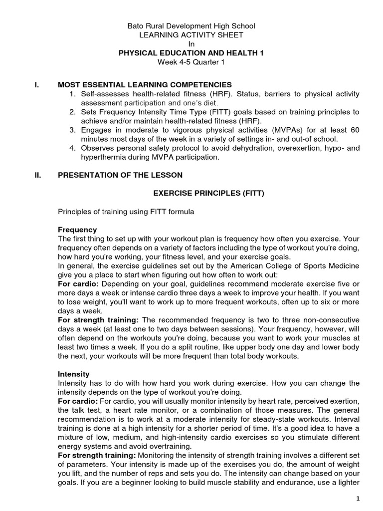 PE 1 Week 4 5 Quarter 1 Exercise Principles | PDF | Strength Training ...