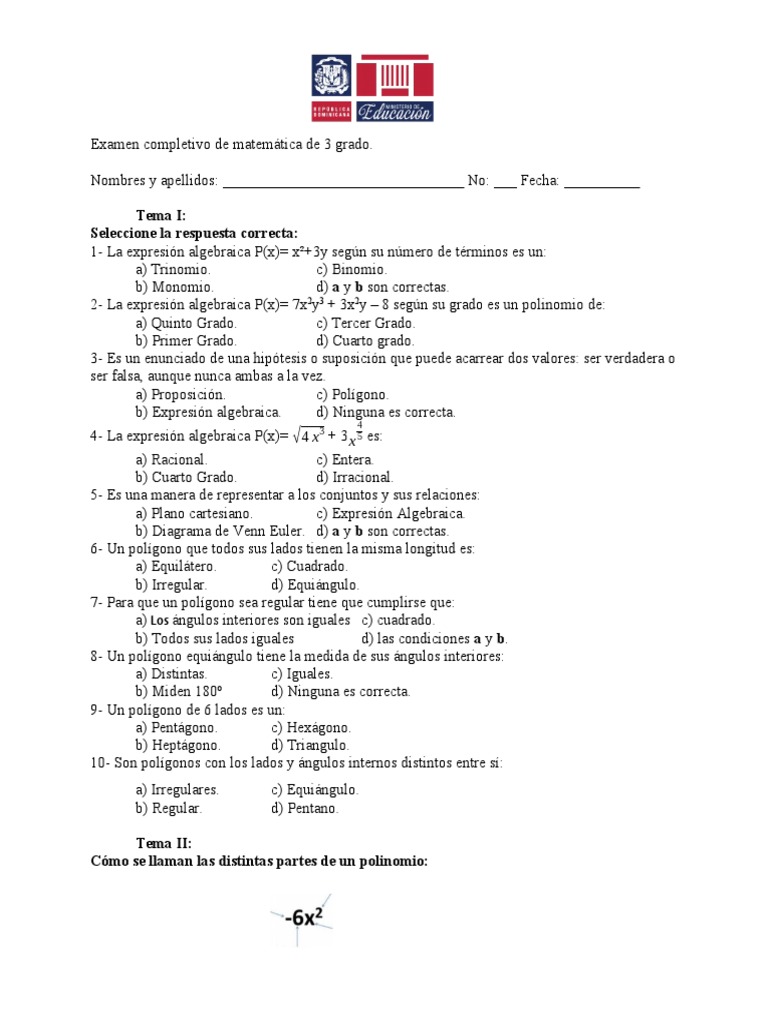 Examen de 3 Grado Matemáticas | PDF | Matemáticas | Álgebra