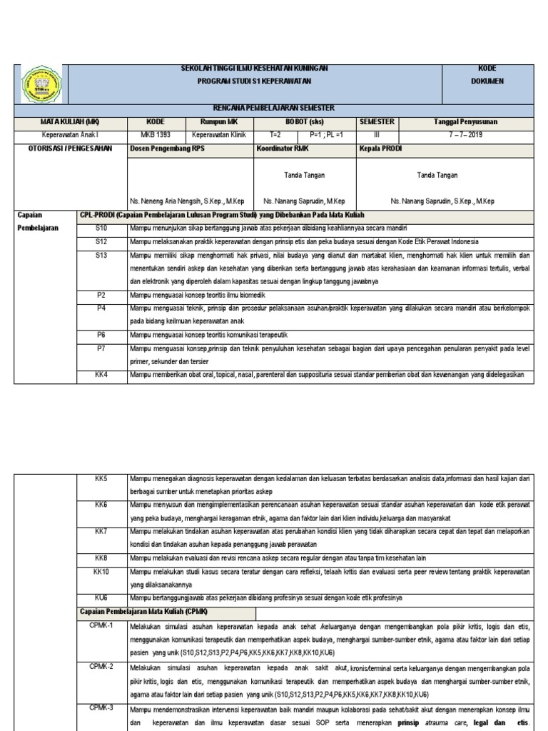 RPS Kep Anak PRODI S1 Keperawatan | PDF