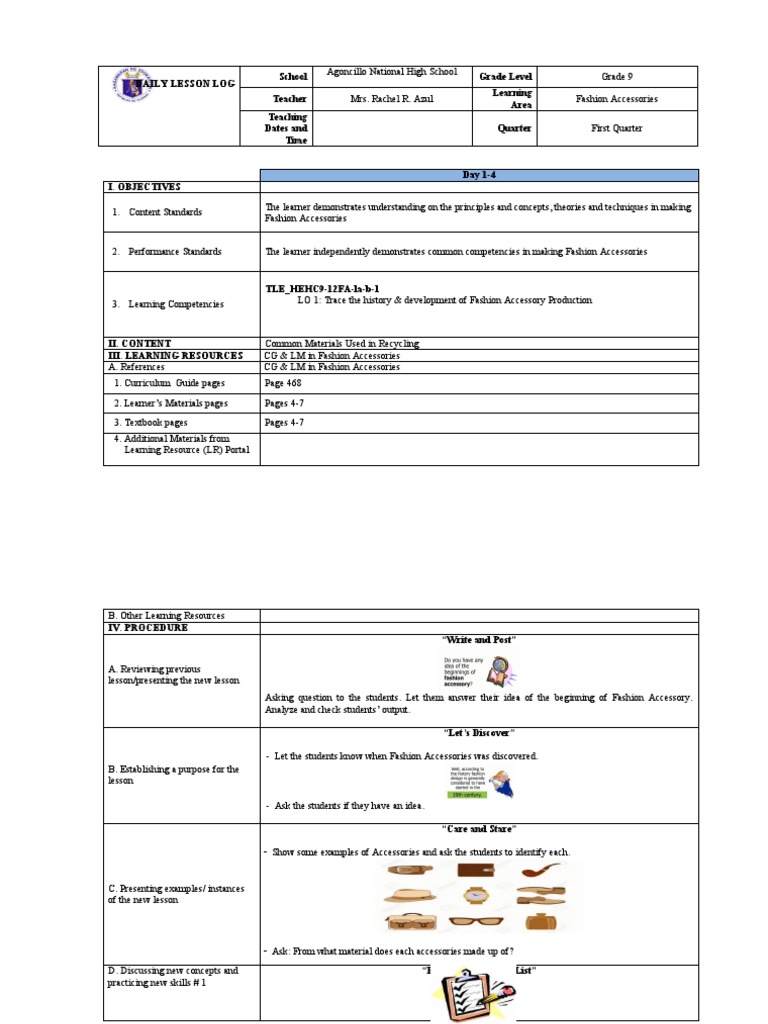 DLL in Fashion Accessories 1-4 | PDF | Learning | Teaching Method