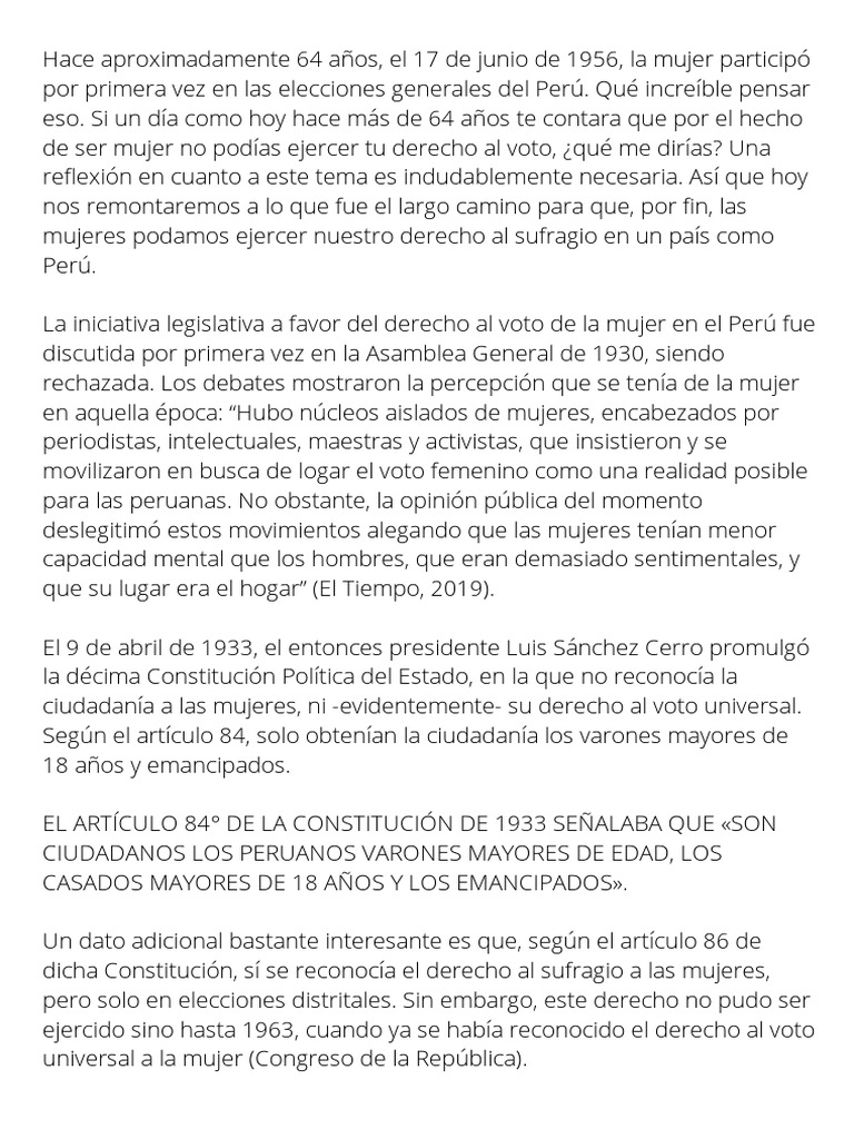 Voto femenino en Perú: elecciones de 1956 | PDF | Votación | Elecciones