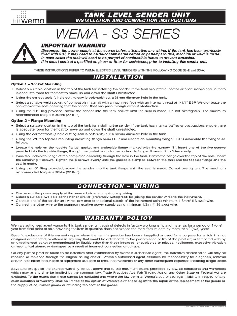 WEMA S3 Senders - Installation Manual | PDF | Electrical Connector | Screw