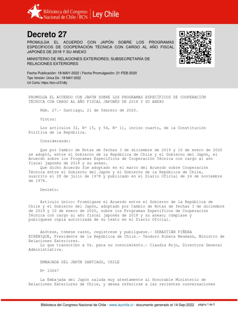 Decreto 27 - 18 MAY 2022 | PDF | Chile | Japón