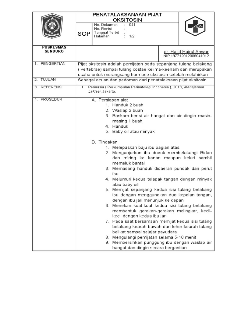 SOP Penatalaksanaan Pijat Oksitosin | PDF