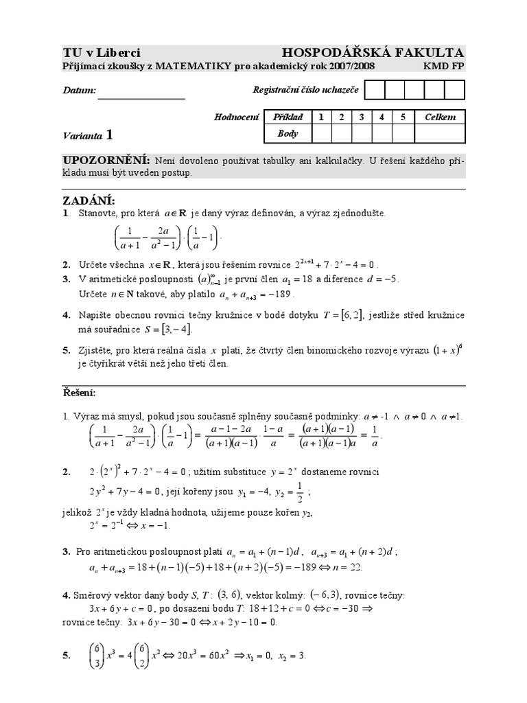 Matematika HFTU Liberec PRZK FH78 - Var1res | PDF