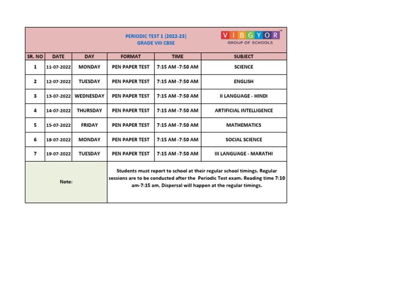 CBSE Grade VIII PT 1 Exam Schedule | PDF