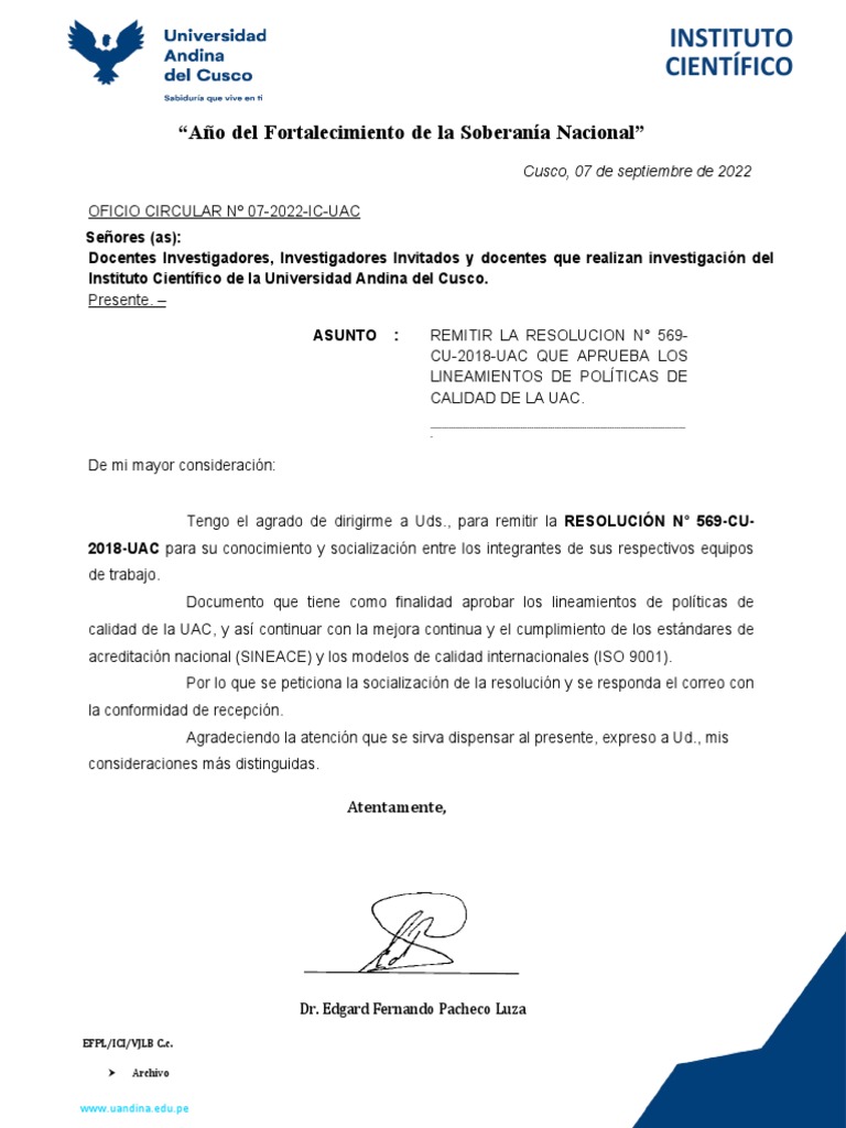 Oficio Circular #07-2022-Ic-Uac - Remitir La Resolucion #569-Cu-2018-Uac | PDF