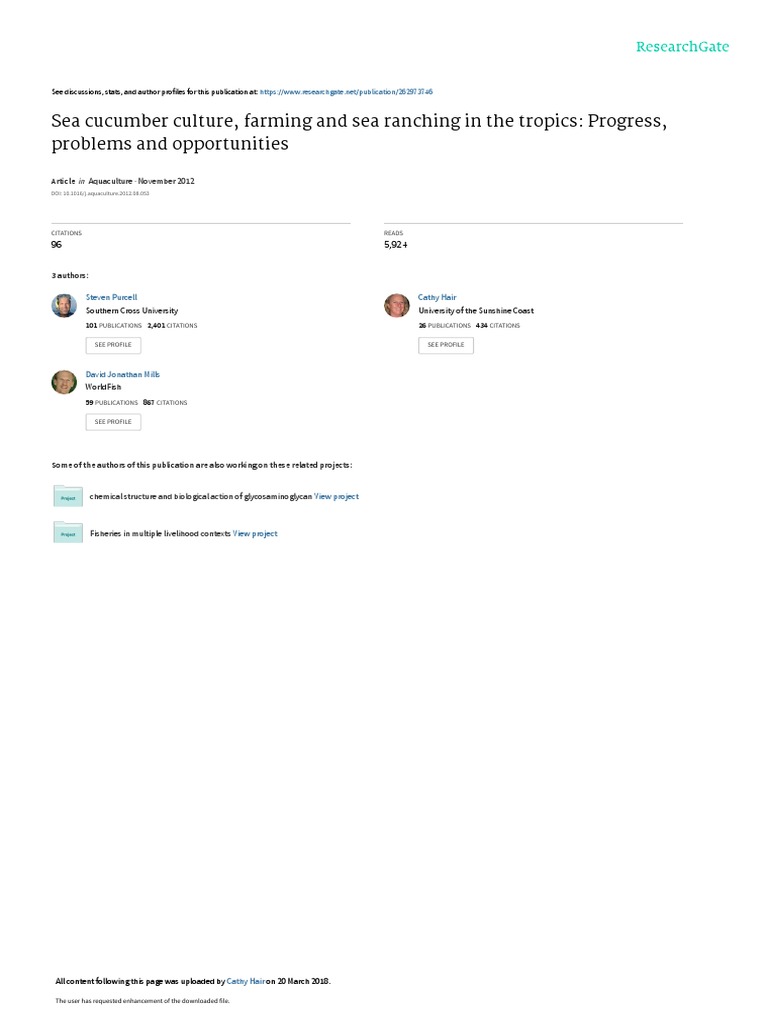 Sea Cucumber Culture, Farming and Sea Ranching in The Tropics: Progress ...