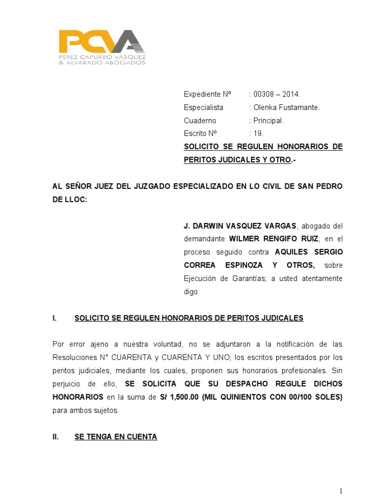 Solicito Se Regulen Honorarios de Peritos - Wilmer Rengifo | PDF | Justicia | Crimen y violencia