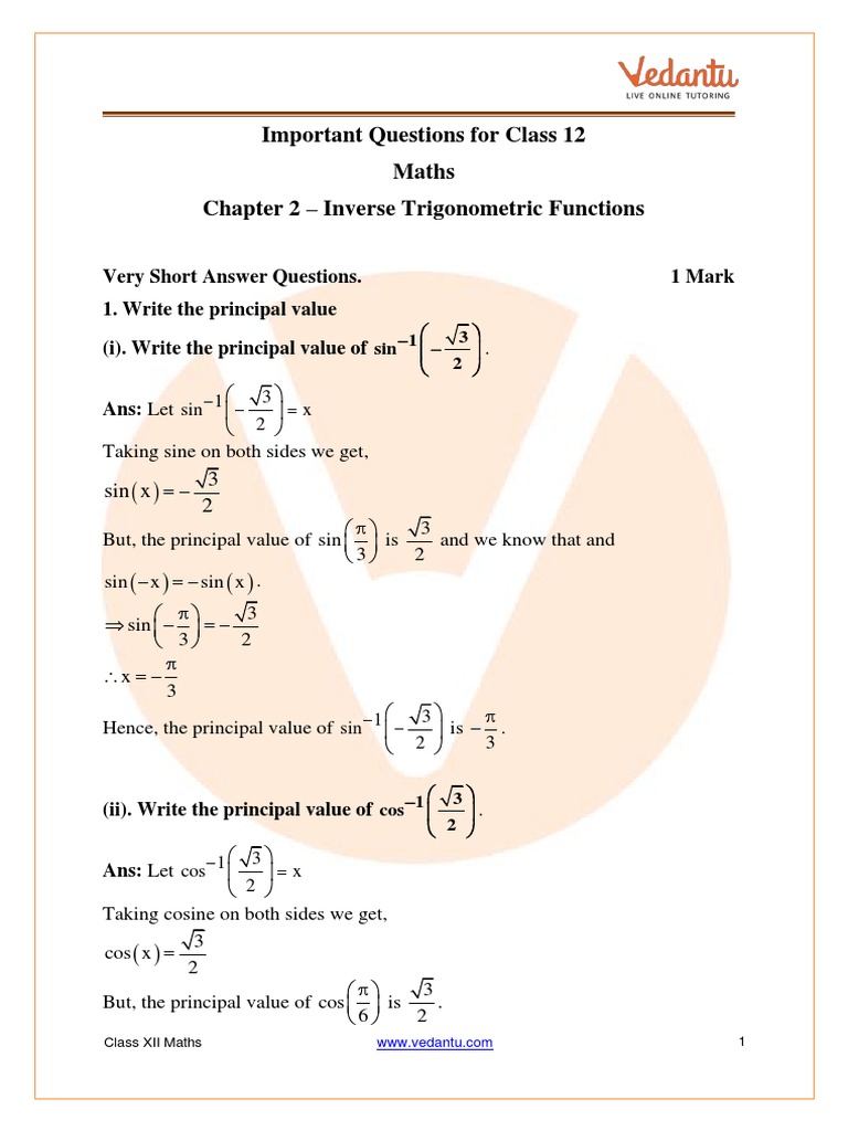 Important Questions For CBSE Class 12 Maths Chapter 2 | PDF | Trigonometric Functions | Algebra