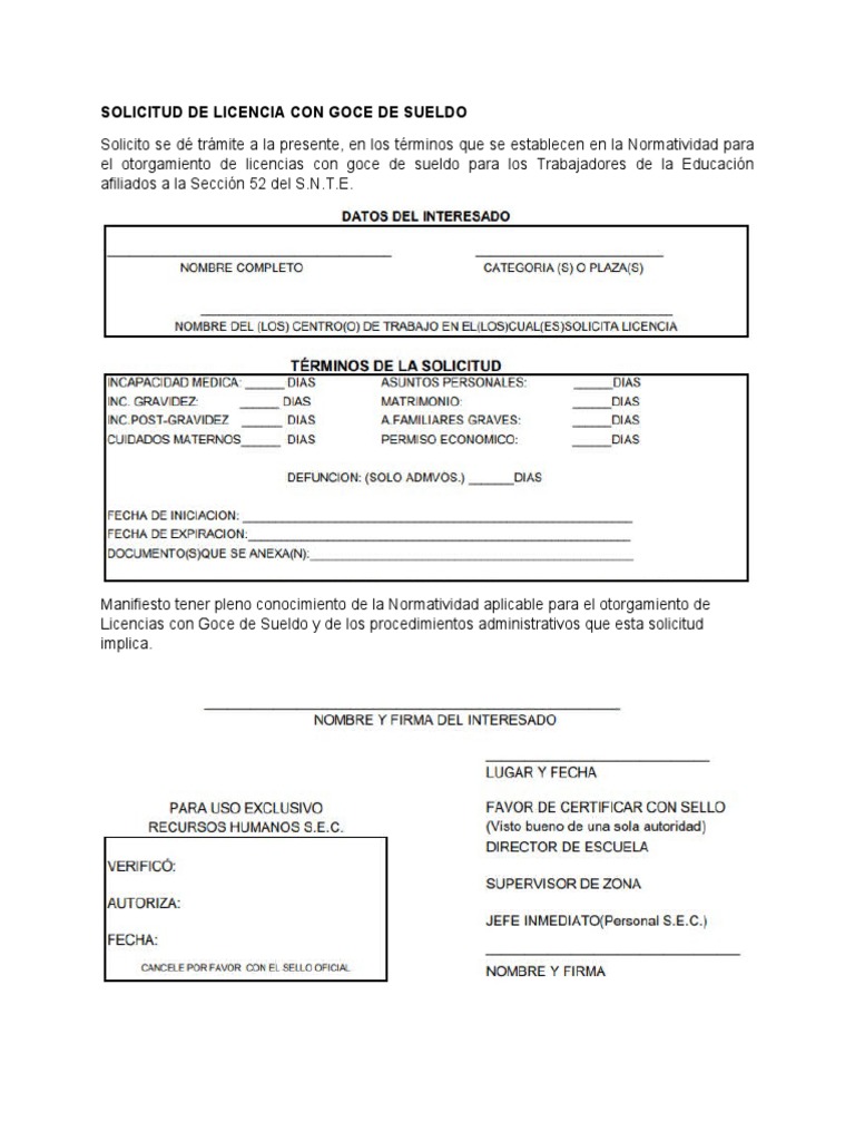 Solicitud de Licencia Con Goce de Sueldo | PDF
