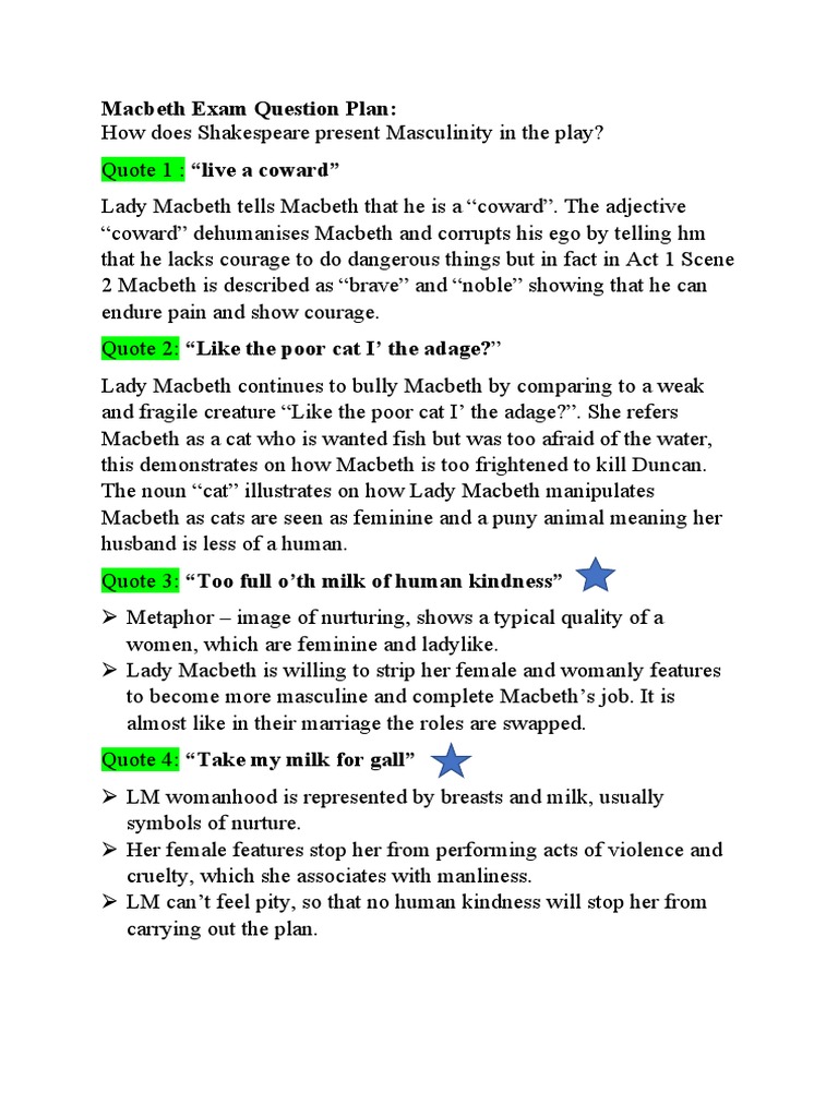 Macbeth Exam Question Plan - Masculinity | PDF | Macbeth | Masculinity