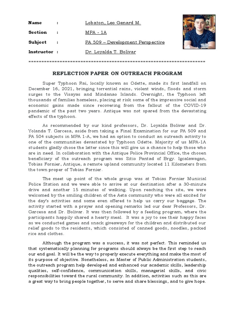 Reflection Paper On Outreach Program (1-15-22) - PA509 | PDF | Natural ...