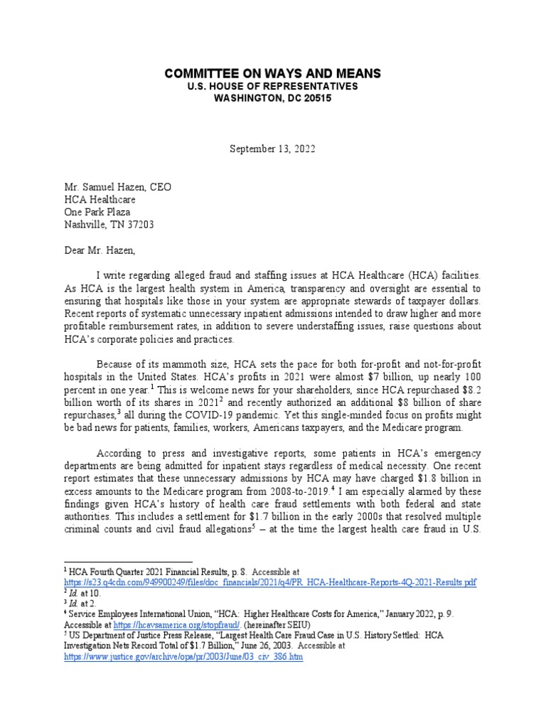 Pascrell Letter To HCA | PDF | Hospital | Medicare (United States)