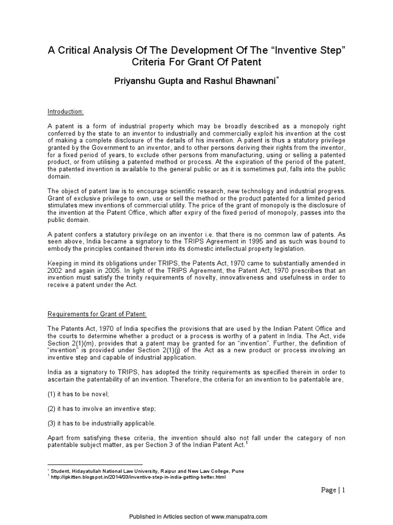 Patent Criteria: Inventive Step Analysis | PDF | Prior Art | Patent
