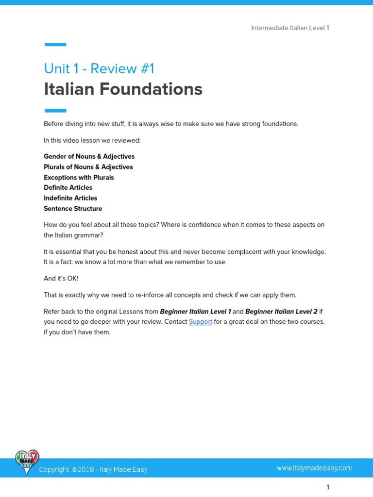 Italian Grammar Foundations Review | PDF | Grammatical Gender ...