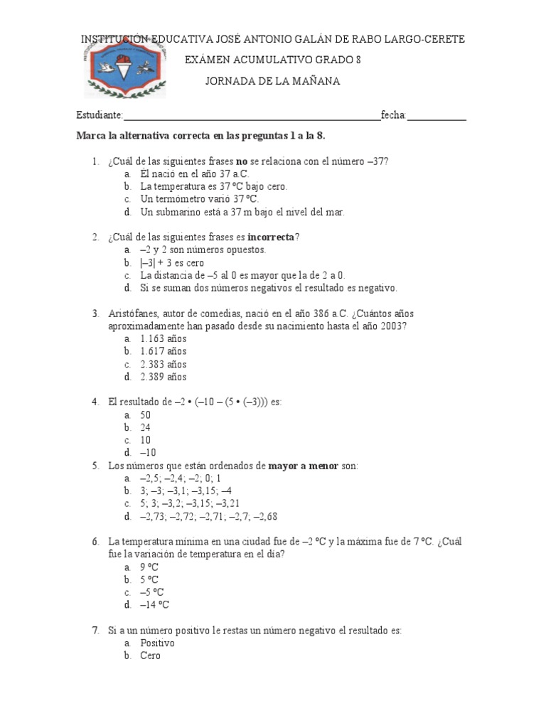 Examen 8 Primer Periodo | PDF | Matemática Elemental | Aritmética