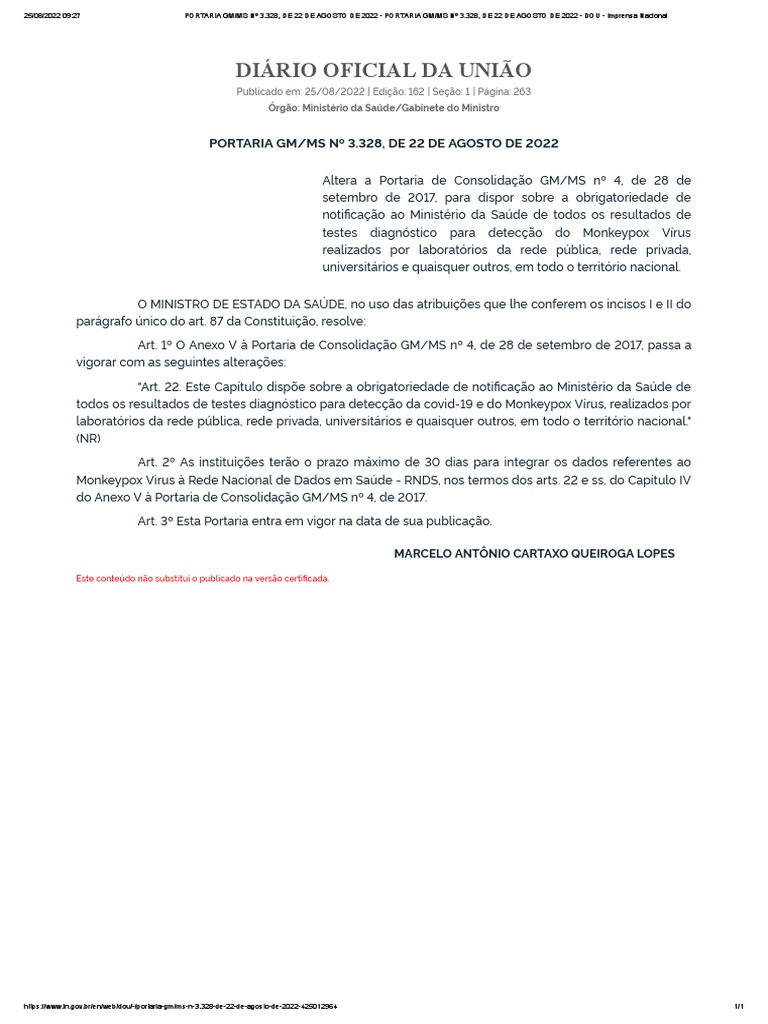 PORTARIA GM - MS #3.328, DE 22 DE AGOSTO DE 2022 - PORTARIA GM - MS #3. ...