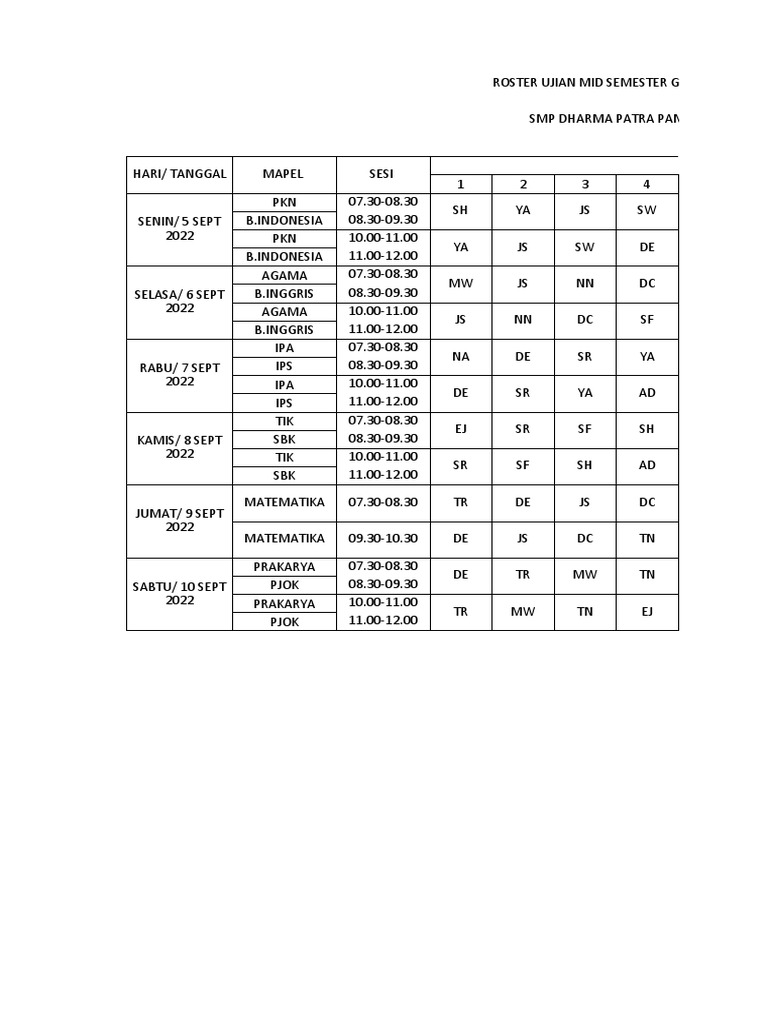 Roster Mid Semester Ganjil SMP DP T.P 2022 2023 | PDF