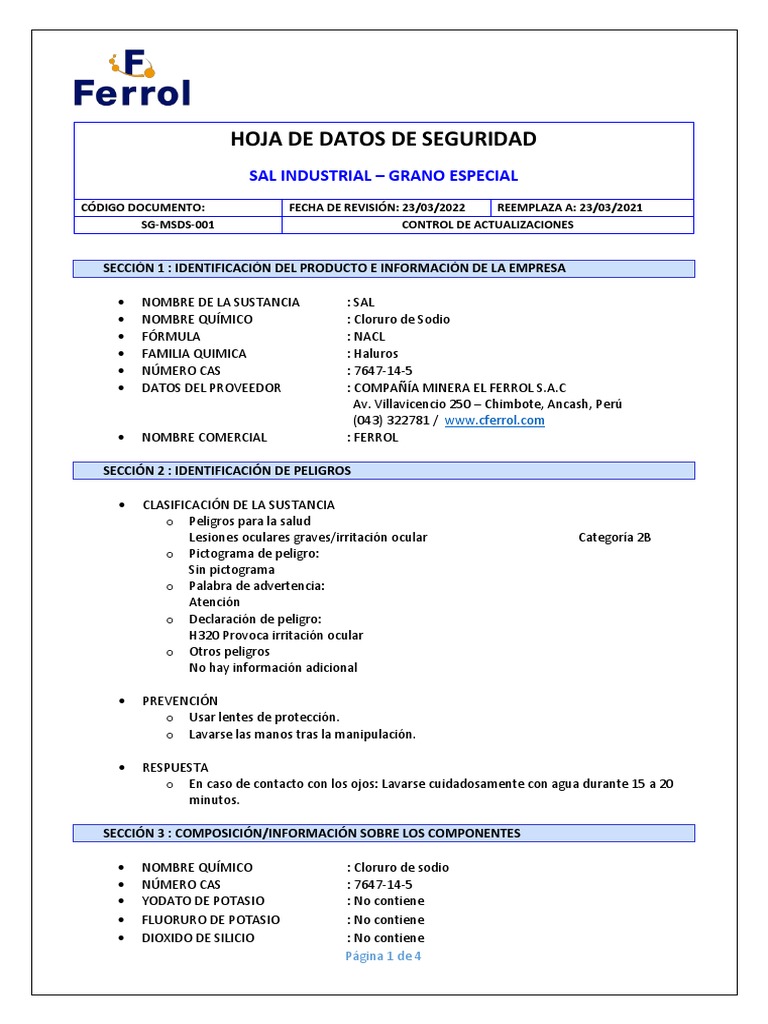 Hoja de datos de seguridad para sal industrial - grano especial | PDF | Agua | Residuos
