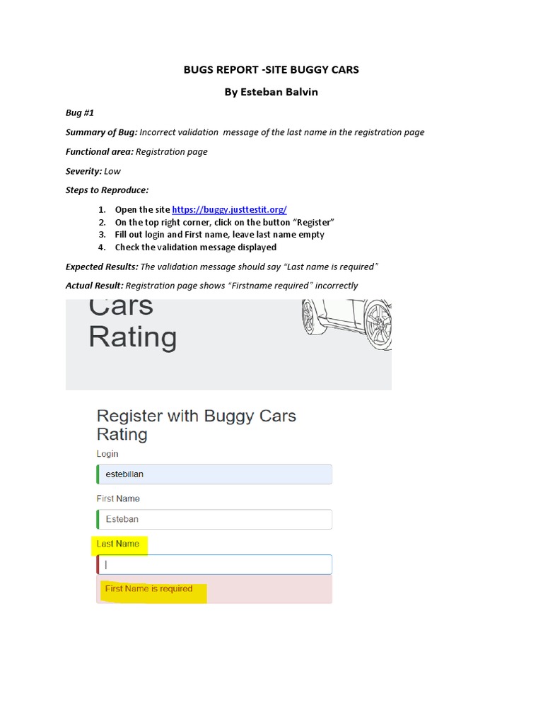 9.1 Bugs+report+-+buggy+cars | PDF | Software Bug | I Phone