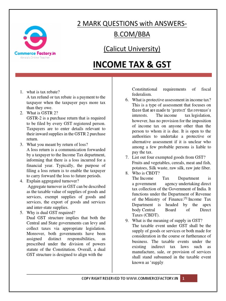 Income Tax & GST: 2 Mark Questions With Answers - (Calicut University ...