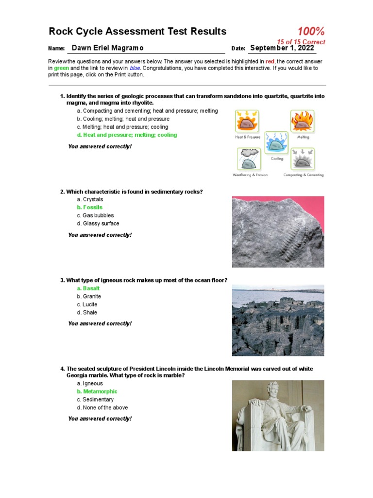 Rock Cycle Assessment Test Results DAWN | PDF | Rock (Geology) | Magma
