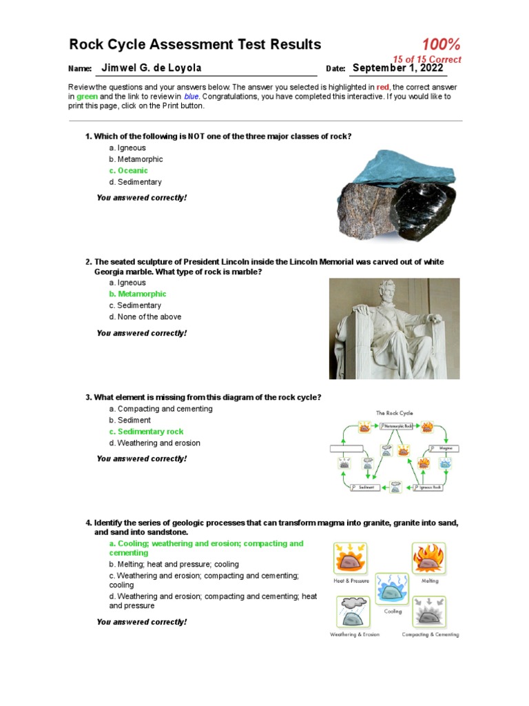 Rock Cycle Assessment Test Results JIMWEL | PDF | Rock (Geology) | Magma