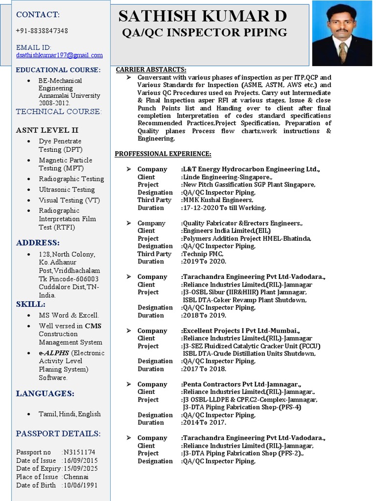 QC Inspector Piping CV | PDF | Pipe (Fluid Conveyance) | Valve