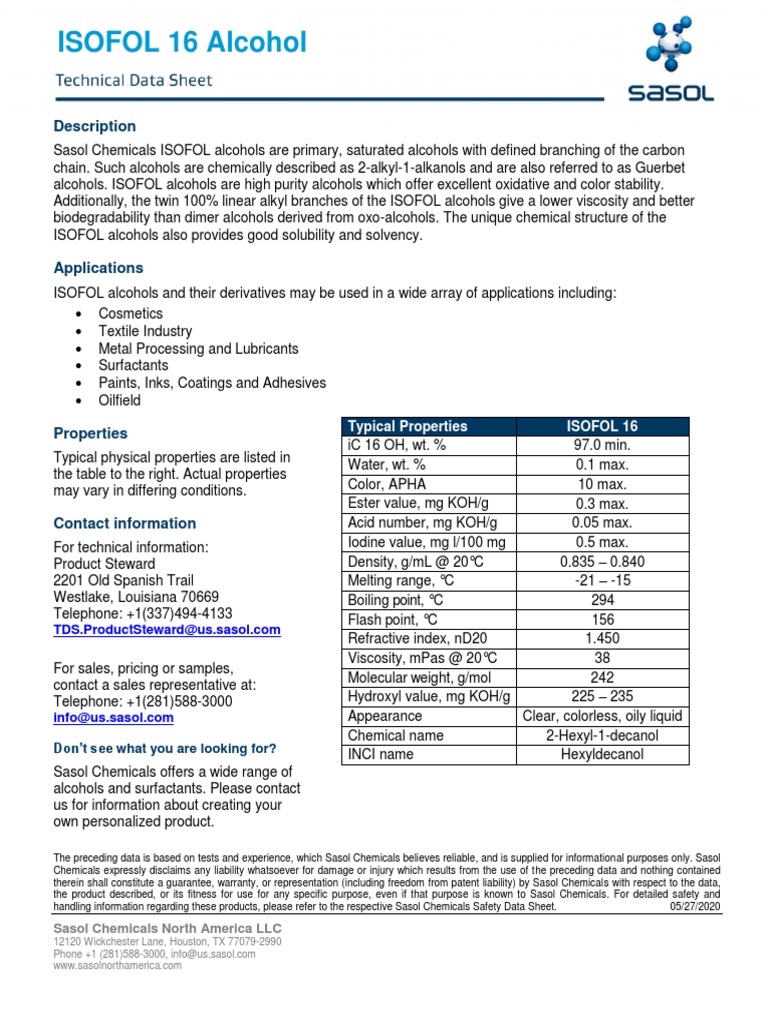 Sasol ISOFOL 16 Alcohol Overview | PDF | Alkane | Chemical Compounds