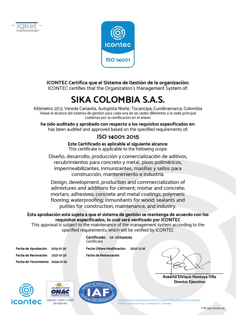 Certificación ISO 14001 Sika Colombia | PDF | Organización ...