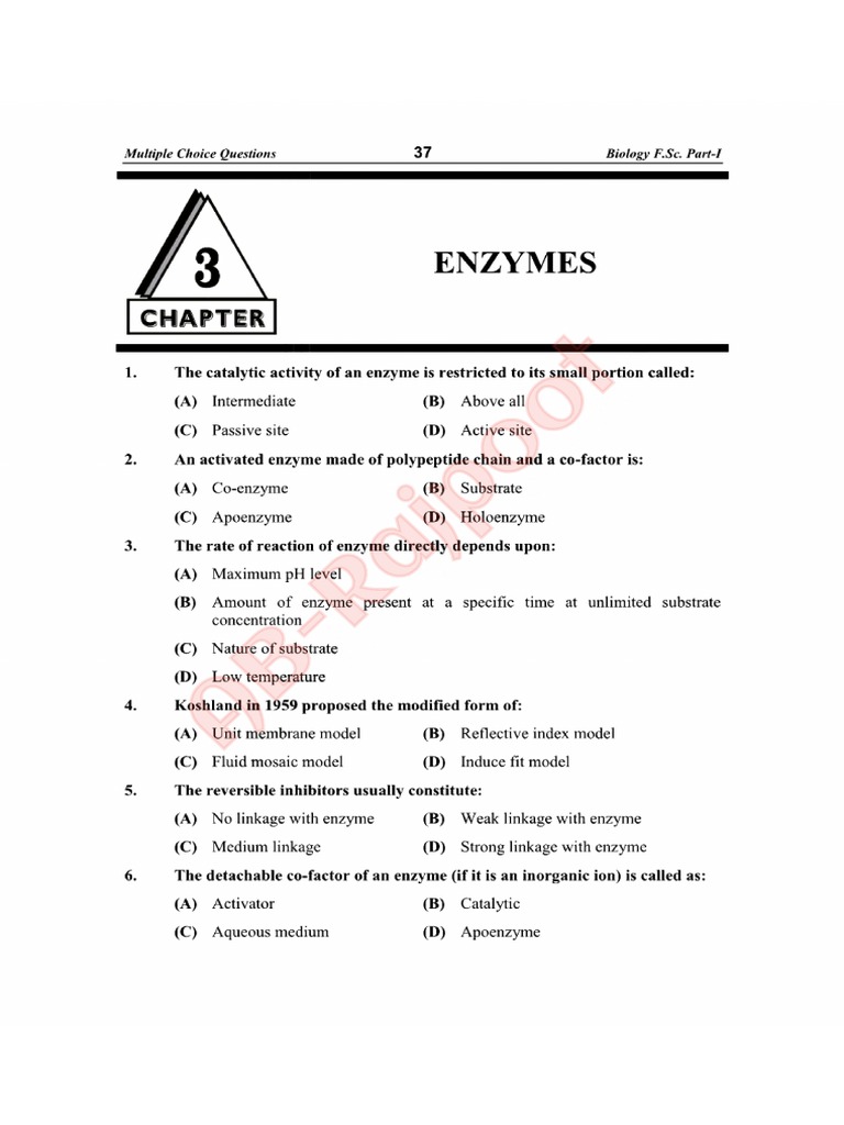 (AB) 11th Bio CH-3 Mcqs+Key | PDF | Enzyme | Active Site