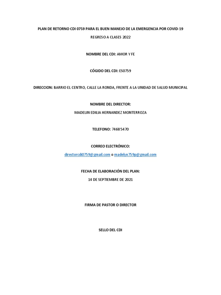 Plan CDI 0759 retorno clases COVID | PDF | Ciencias de la Salud | Salud pública