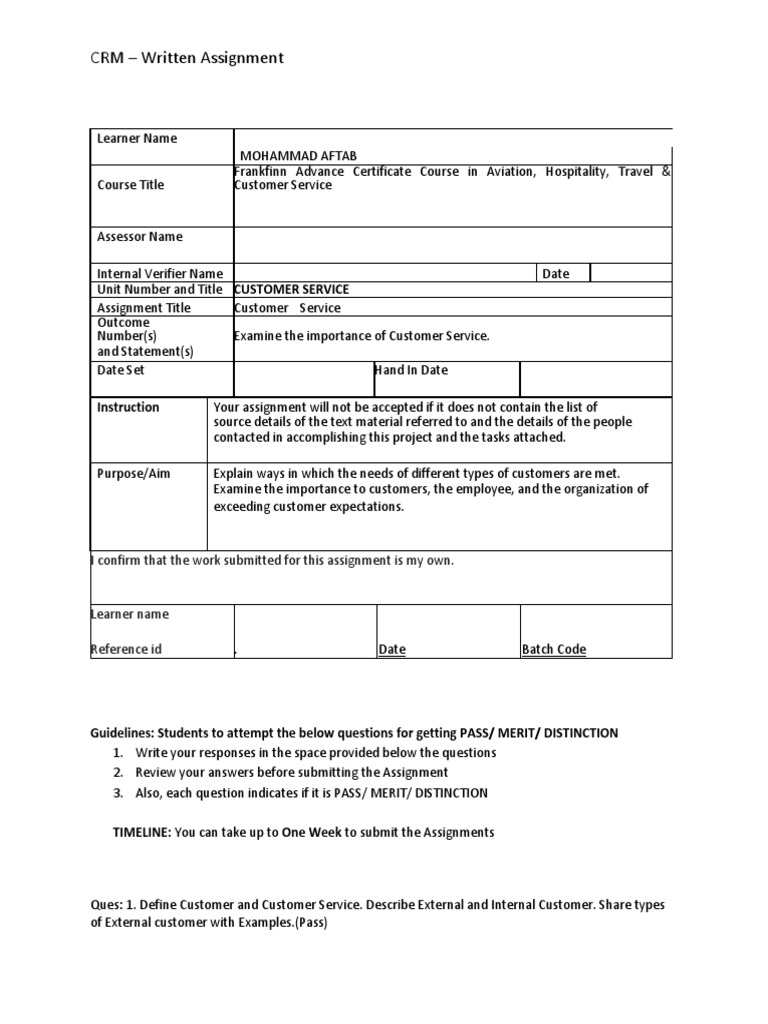 Customer Relationship Management (ACAH6) -Assignment AFTAB | PDF ...