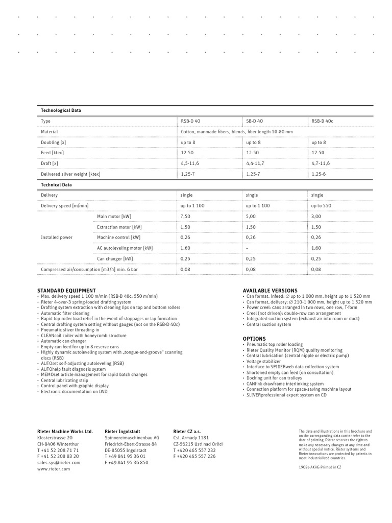 Drawframes RSB D 40 and SB D 40page | PDF