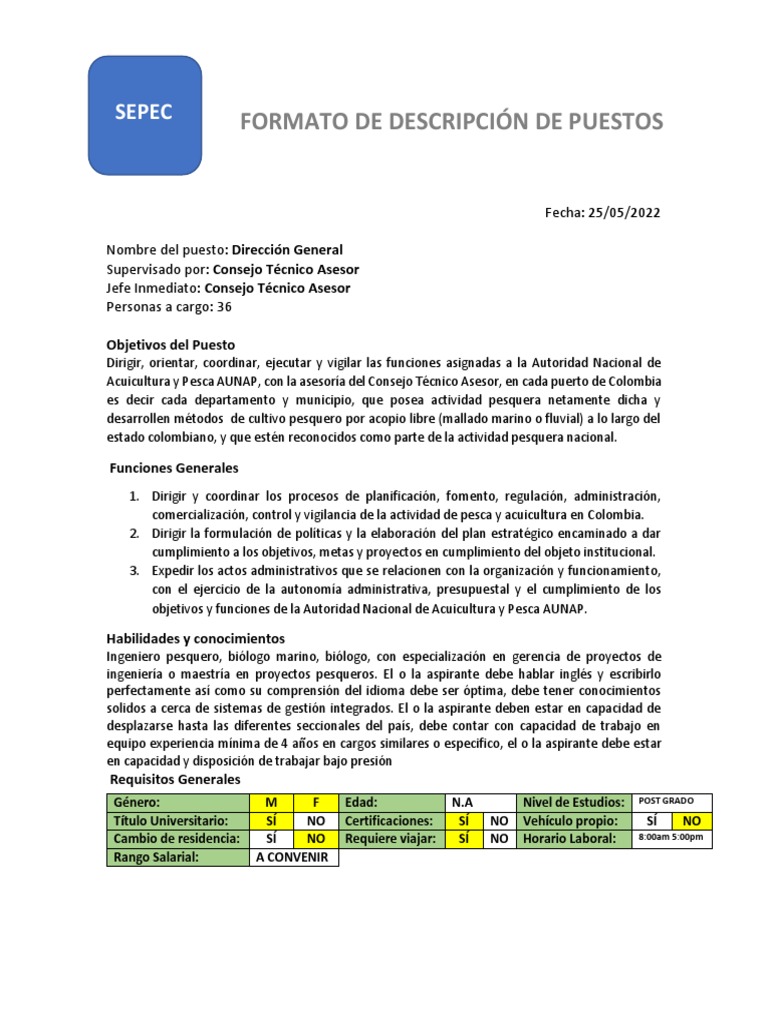 Formato Descripción de Puestos Sepec (Prueba) | PDF | Colombia