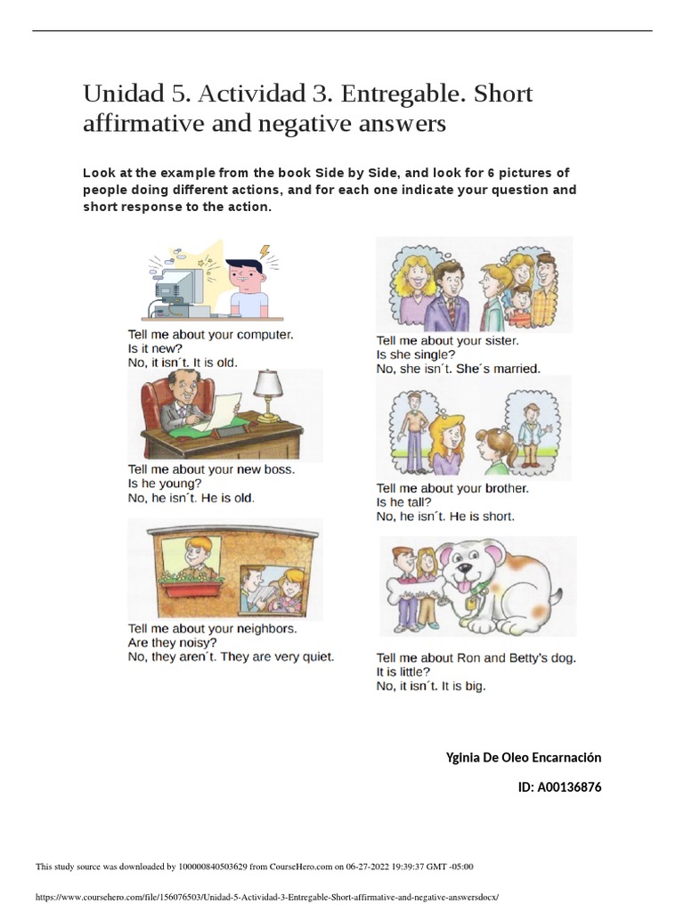 Unidad 5. Actividad 3. Entregable. Short Affirmative and Negative ...