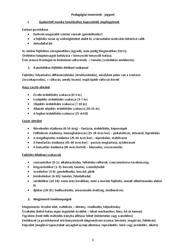 Pedagógiai Ismeretek Mestervizsgára Jegyzet Jegyzete | PDF