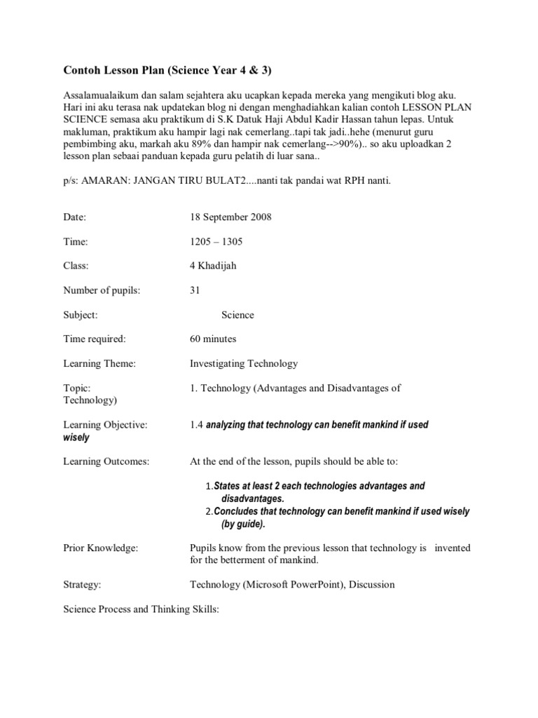 Contoh Lesson Plan | PDF | Lesson Plan | Science